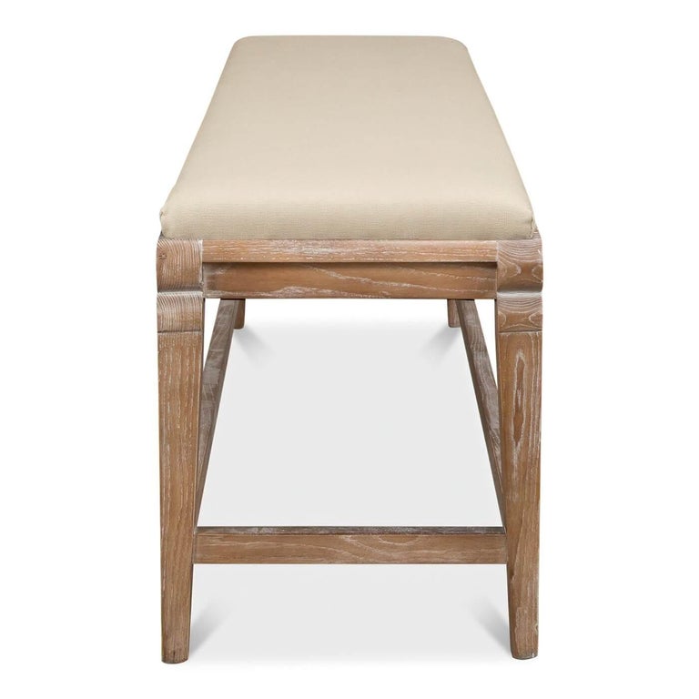 Modern Whitewash and Linen Upholstered Bench For Sale at 1stDibs
