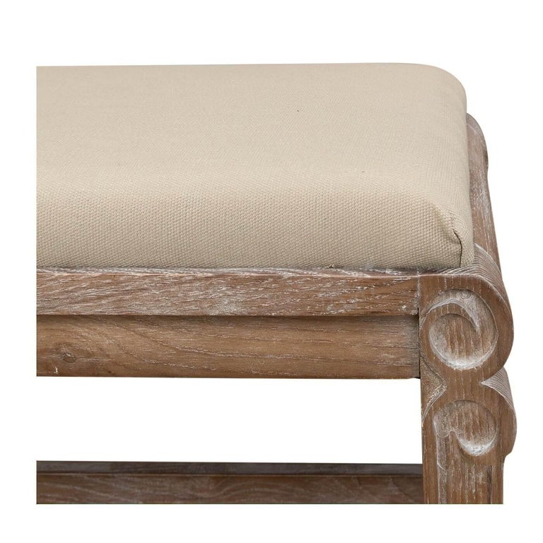 Modern Whitewash and Linen Upholstered Bench For Sale at 1stDibs