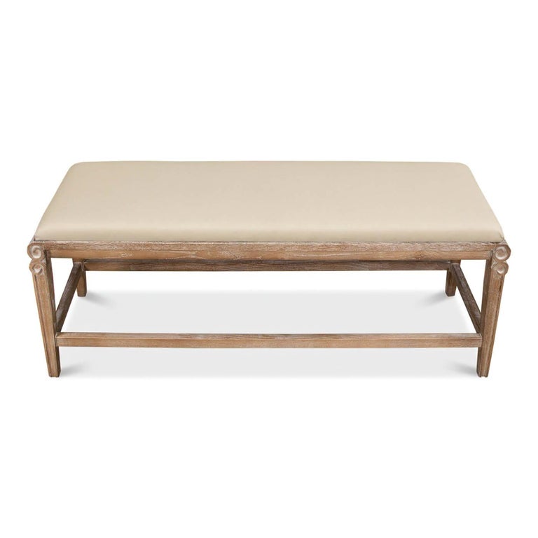 Modern Whitewash and Linen Upholstered Bench For Sale at 1stDibs