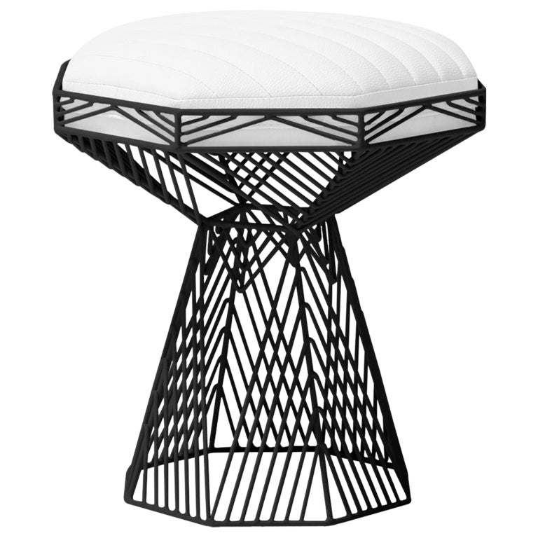 Modern Wire Stool, in Black with a Reversible White Leather Top For ...