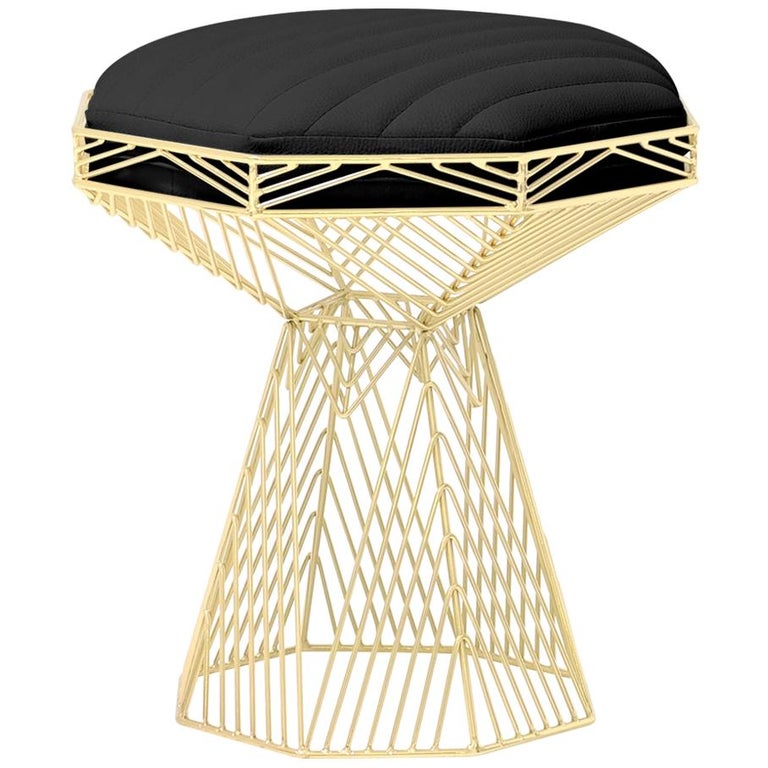 Modern Wire Stool, in Gold with a Reversible Black Leather Top For Sale ...
