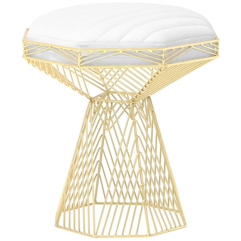 Modern Wire Stool, in Gold with a Reversible White Leather Top For Sale ...