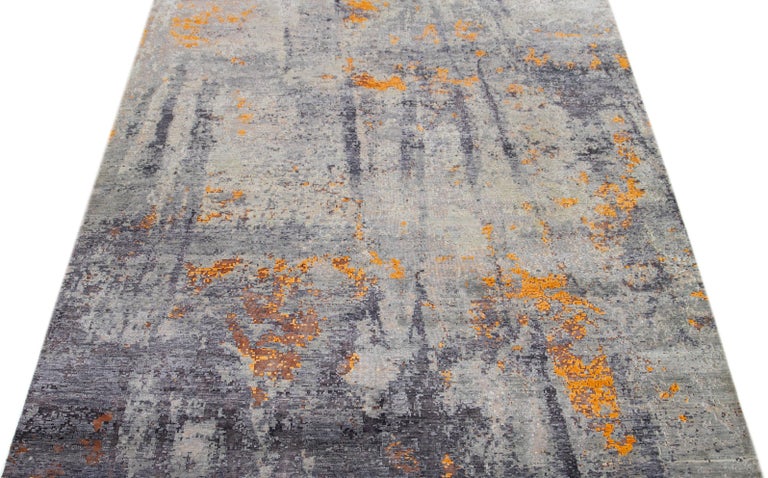Modern Wool and Silk Rug With Gray And Orange Abstract Design For Sale ...