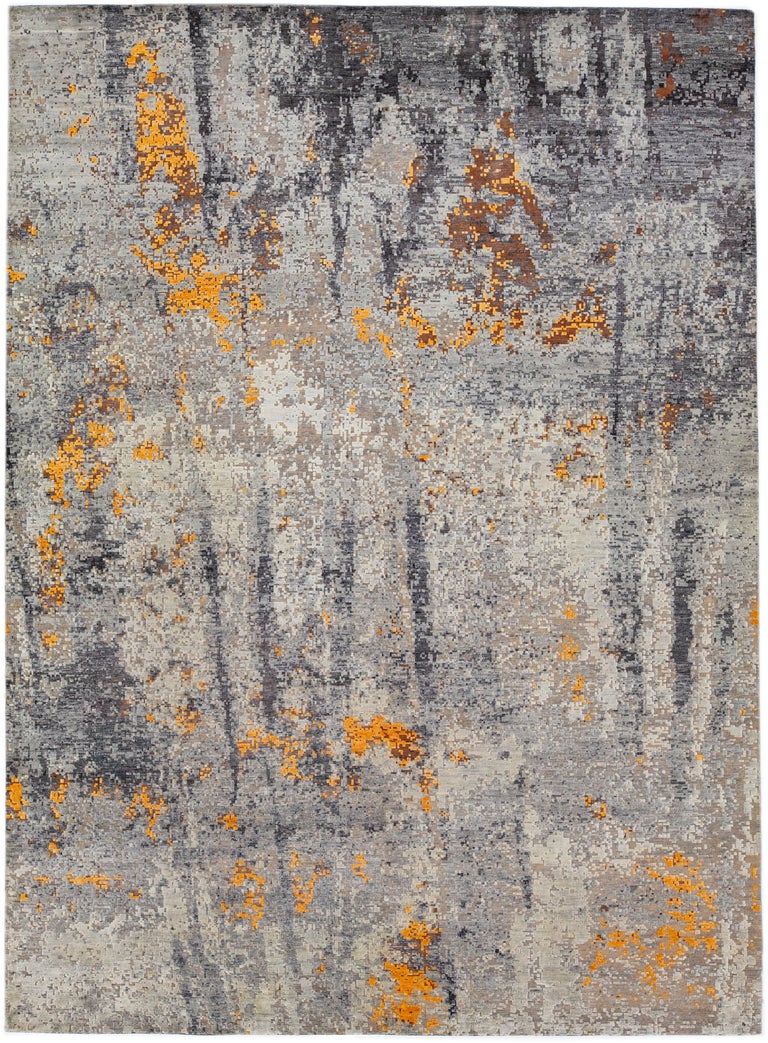 Modern Wool and Silk Rug With Gray And Orange Abstract Design For Sale ...