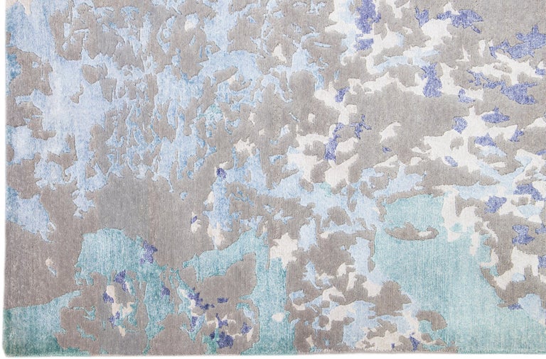 Modern Wool and Silk Rug with Teal and Gray Abstract Design For Sale at ...