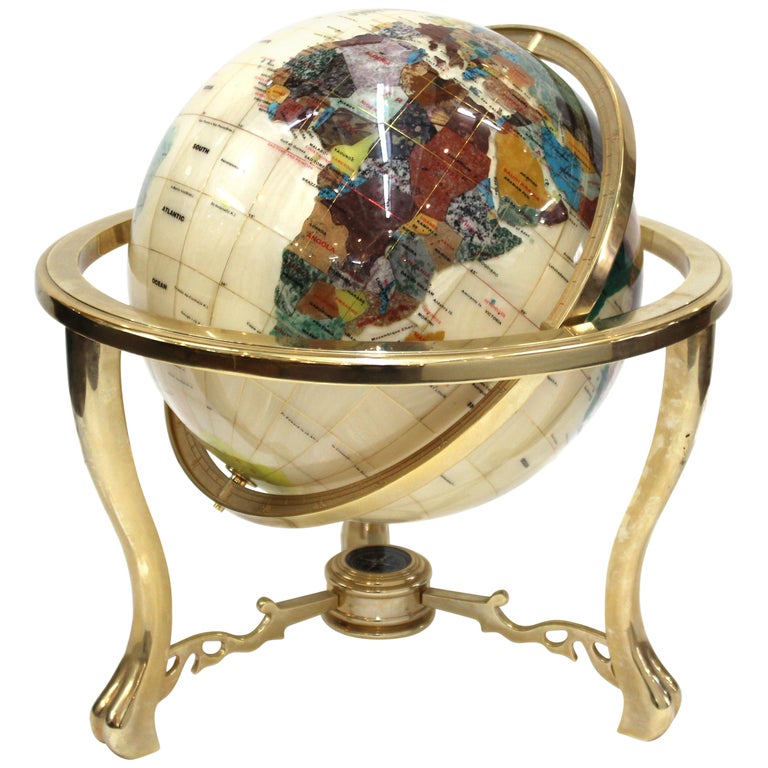 Modern World Globe in Semi-Precious Stone on Brass Stand at 1stDibs