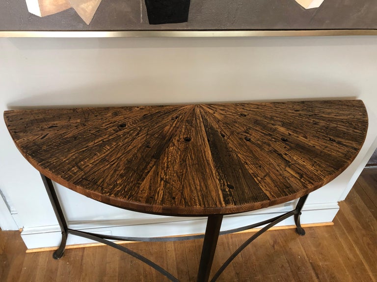 Modern Wrought Iron and Repurposed Oak Demilune Console Table at 1stDibs
