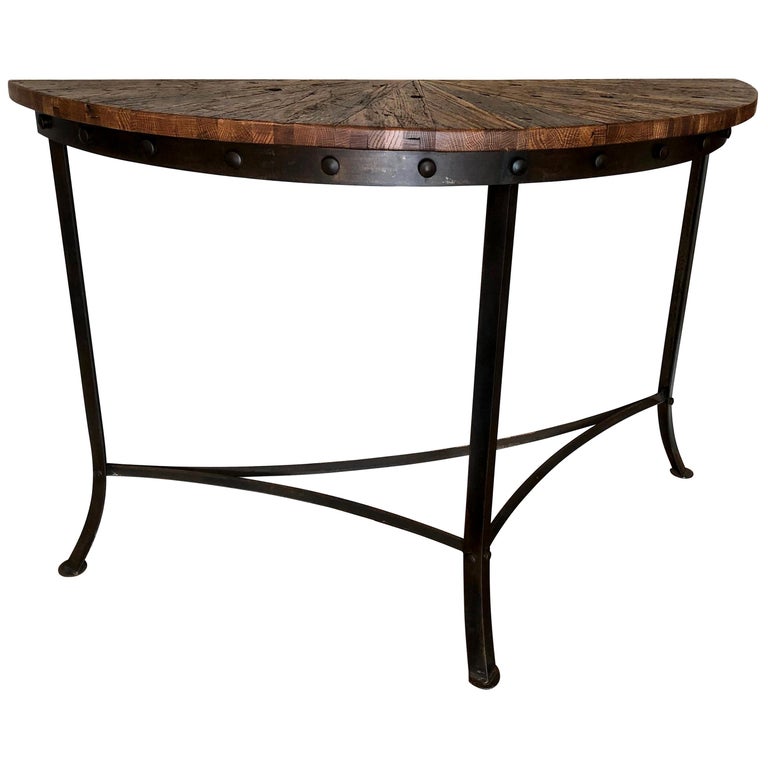 Modern Wrought Iron and Repurposed Oak Demilune Console Table at 1stDibs