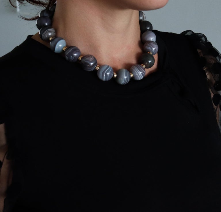 Modernist 1970 Statement Necklace with Scottish Gray Agates and 18Kt ...