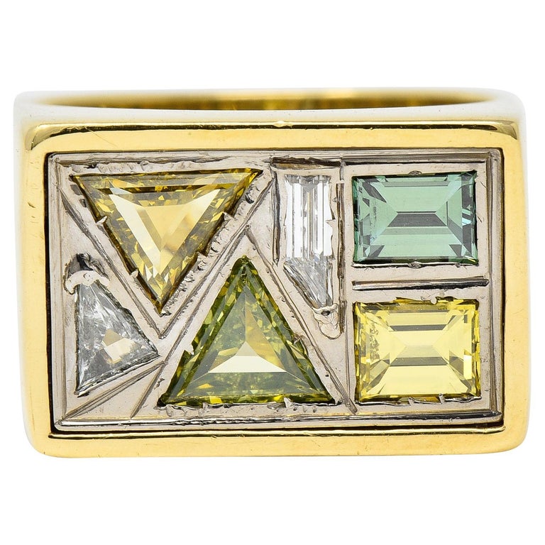 Modernist 2.84 Ctw Fancy Diamond 18 Karat Two-Tone Gold Geometric Inlay ...