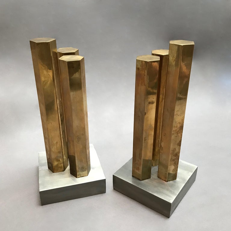 Modernist Architectural Brass and Steel Andirons For Sale at 1stDibs