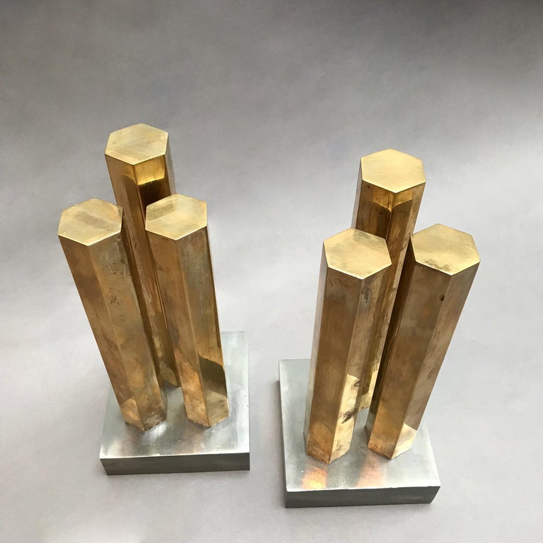 Modernist Architectural Brass and Steel Andirons For Sale at 1stDibs