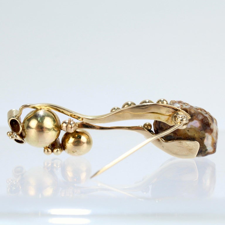 Modernist Biomorphic 14 Karat Gold Yellow Diamond and Baroque Pearl ...