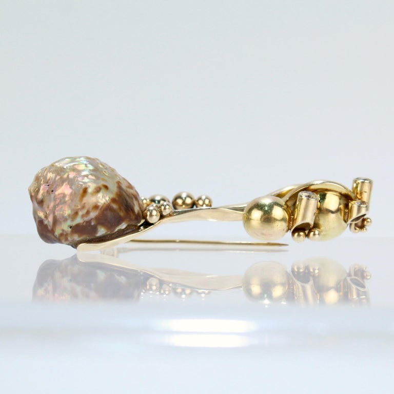 Modernist Biomorphic 14 Karat Gold Yellow Diamond and Baroque Pearl ...