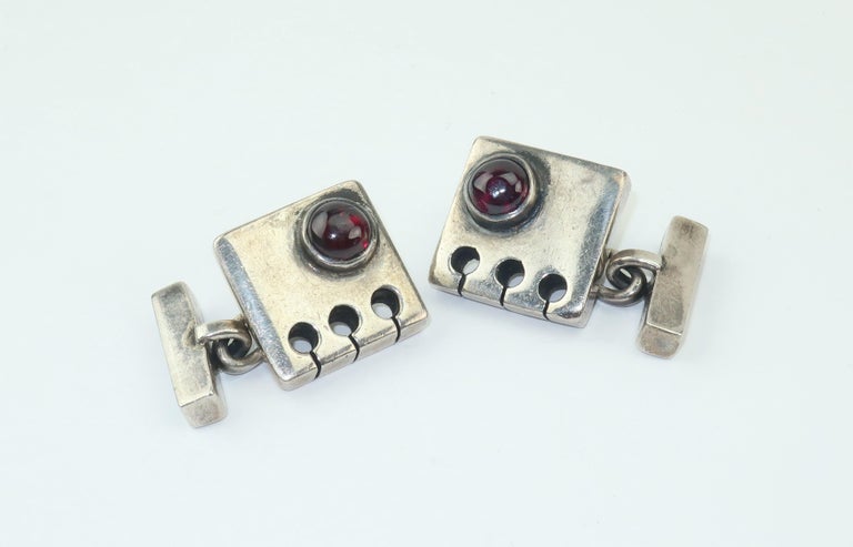 Modernist C.1950 Sam Kramer Sterling Silver and Garnet Cufflinks at 1stDibs