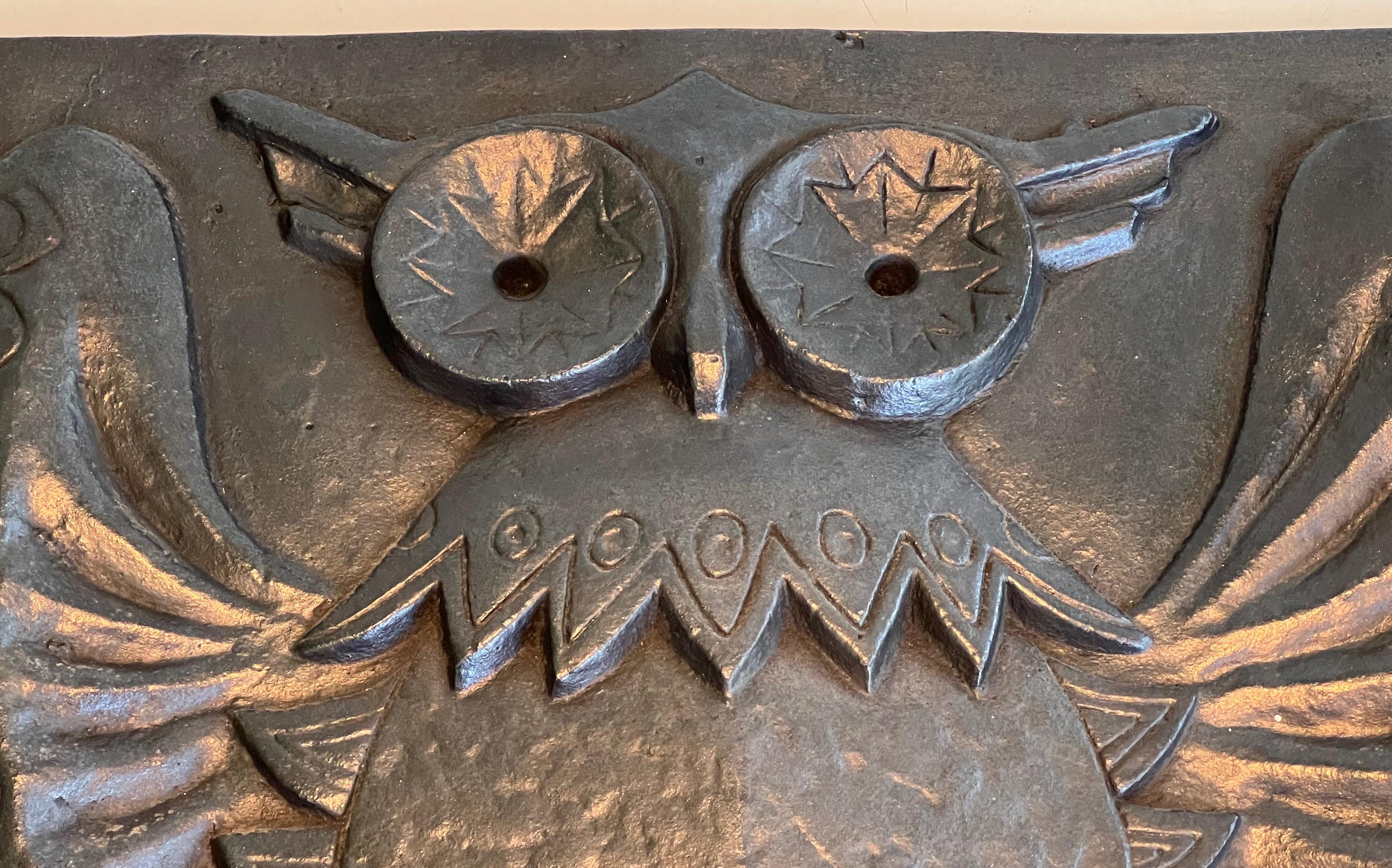 Modernist Cast Iron Fireback Showing an Owl For Sale at 1stDibs