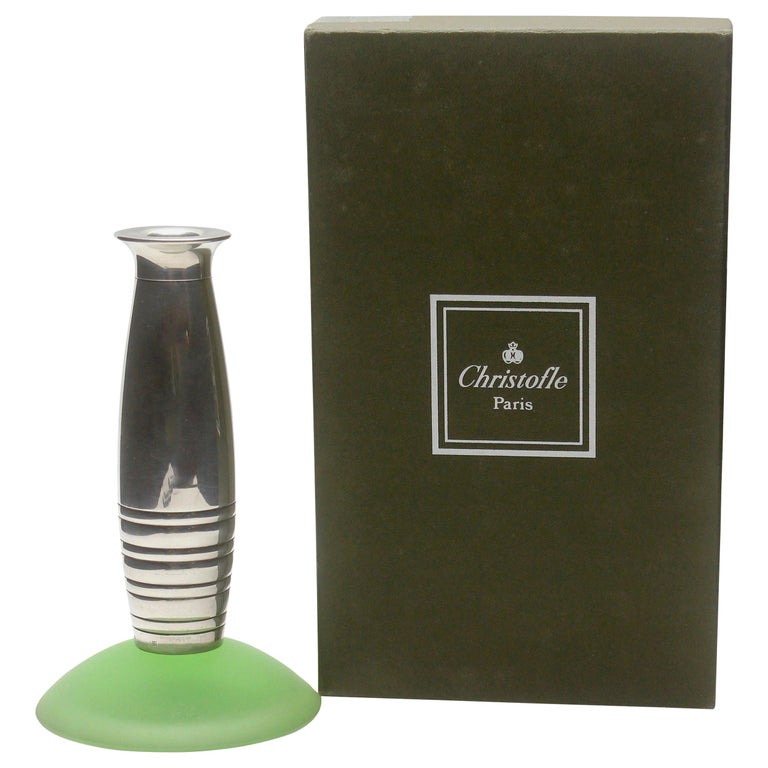 Modernist Christofle Silver Plate Candlestick with Frosted Green Glass ...