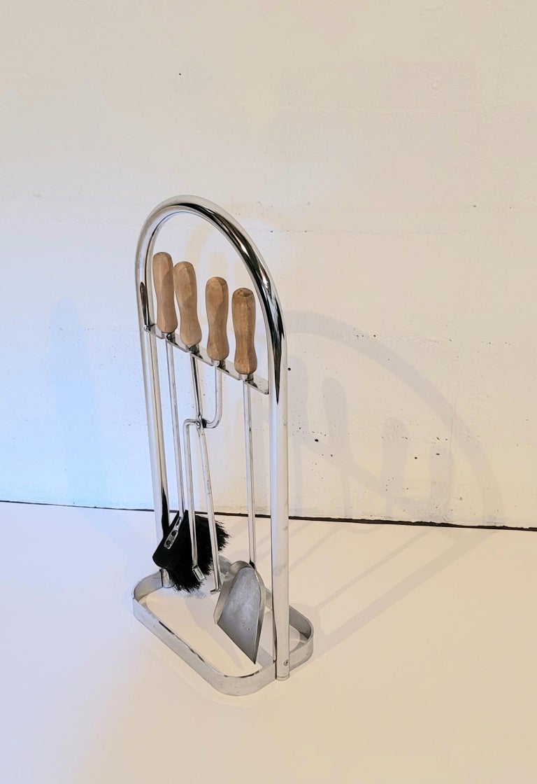 Modernist Chrome and Wood 4-Piece Fireplace Tool Set at 1stDibs
