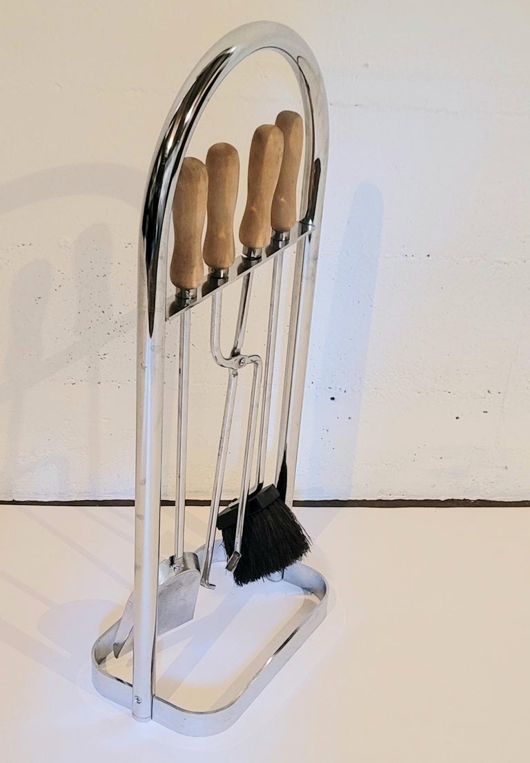 Modernist Chrome and Wood 4-Piece Fireplace Tool Set at 1stDibs