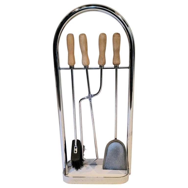 Modernist Chrome and Wood 4-Piece Fireplace Tool Set at 1stDibs