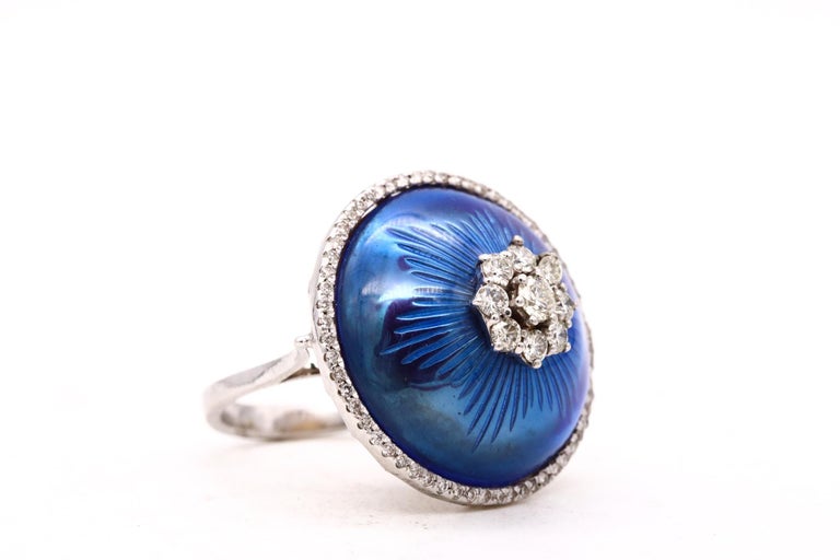 Modernist Cocktail Ring 18Kt White Gold with Blue Enamel and 1.08 Cts ...