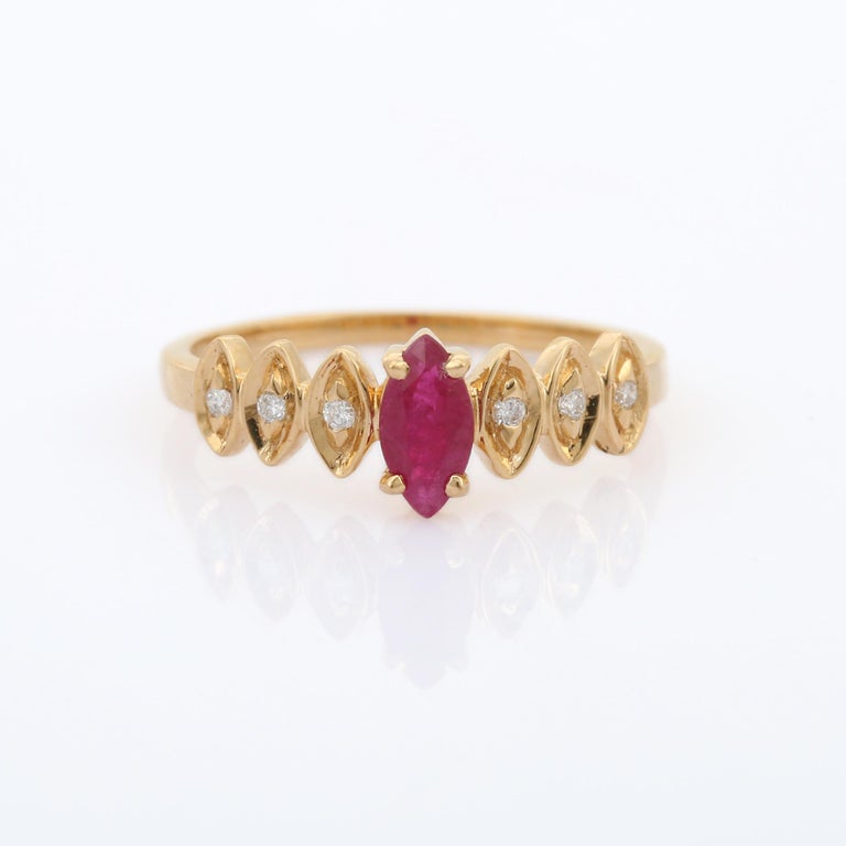 Customizable 18k Yellow Gold Leaf with Diamond and Ruby Stackable Band Ring For Sale at 1stDibs