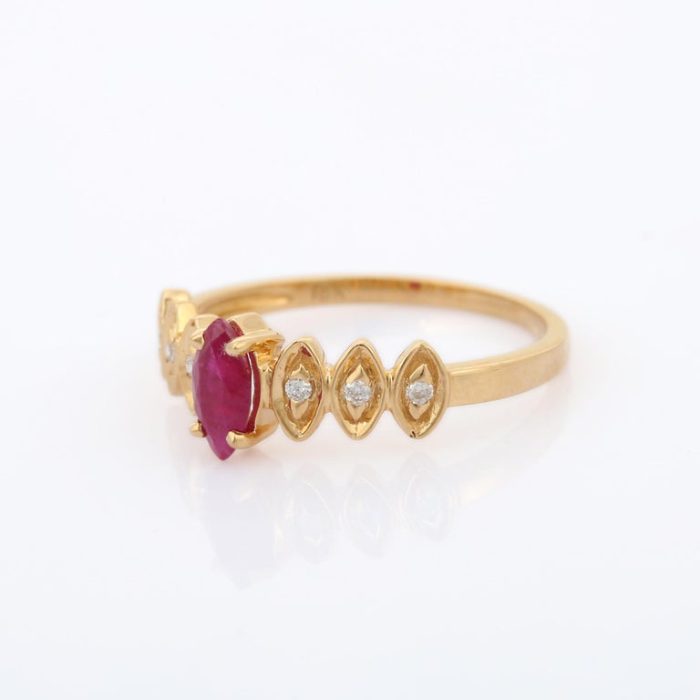 Customizable 18k Yellow Gold Leaf with Diamond and Ruby Stackable Band Ring For Sale at 1stDibs