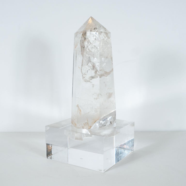 Modernist Faceted Translucent Rock Crystal Obelisk on Volumetric Lucite ...
