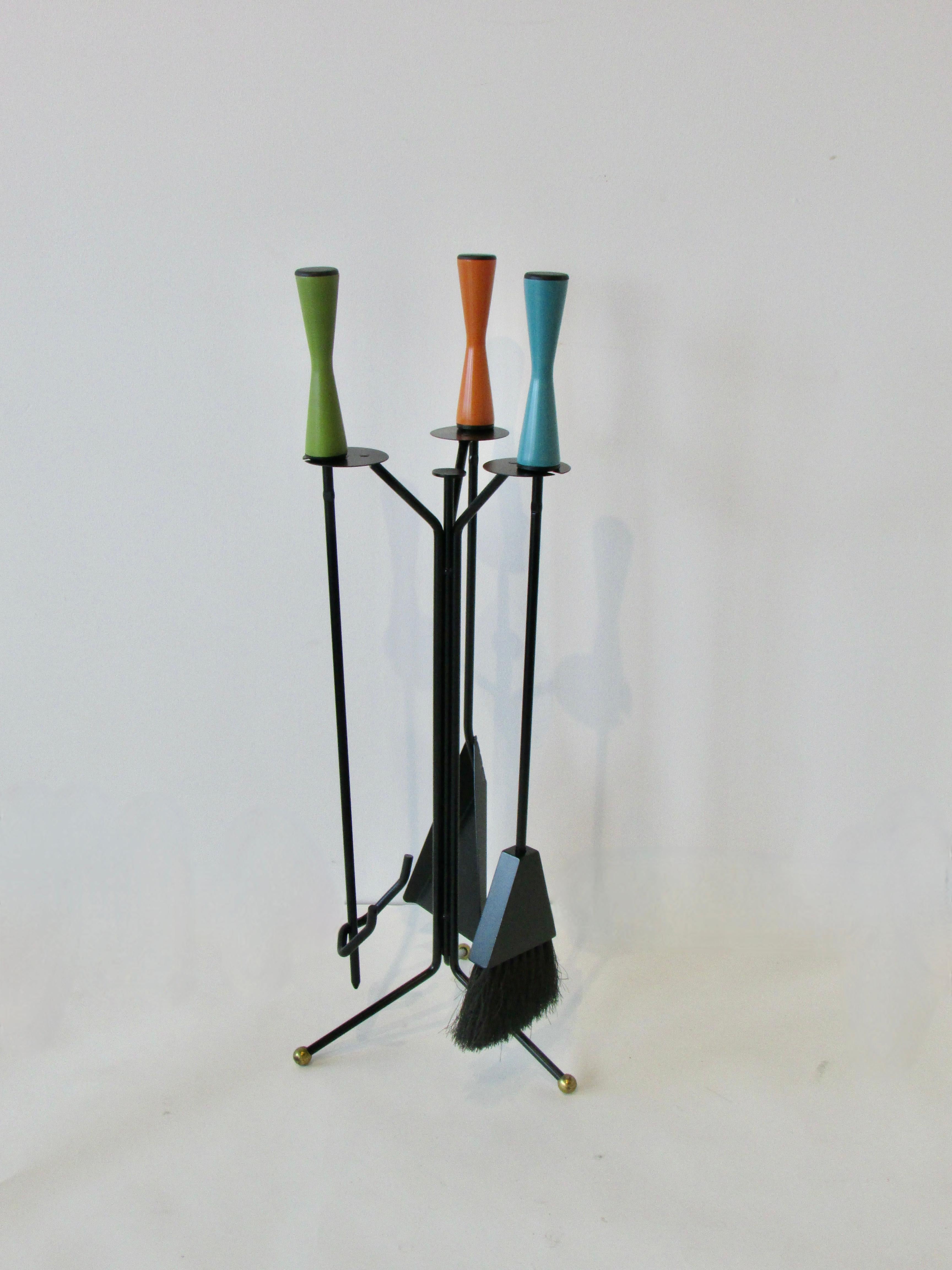 Modernist Fire Tool Set with Blue Orange Green Handles in Stand For ...
