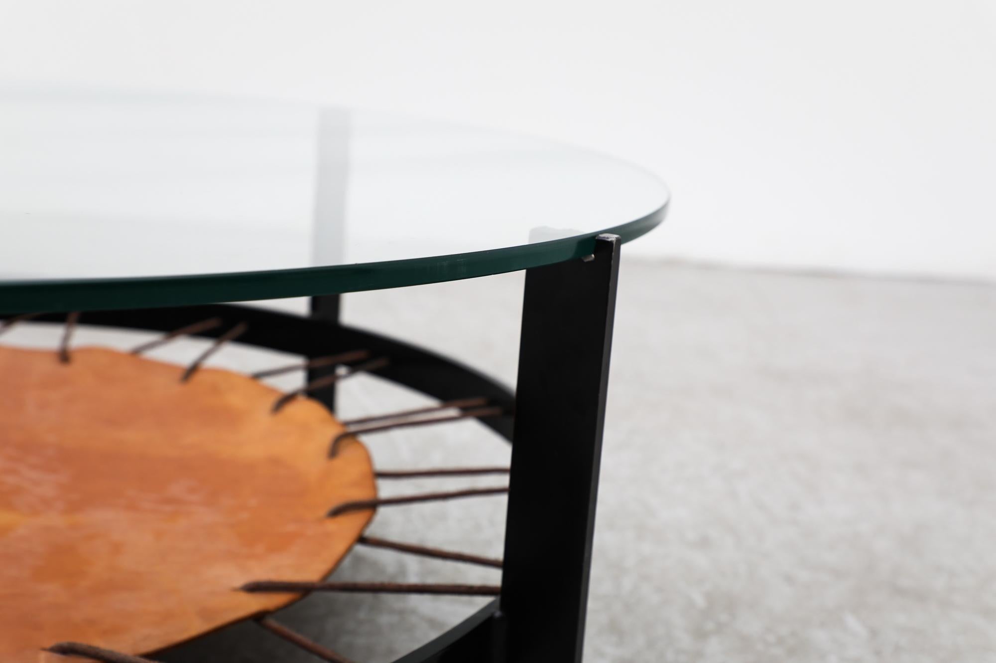 Modernist Flat Iron, Leather and Glass Coffee Table For Sale at 1stDibs