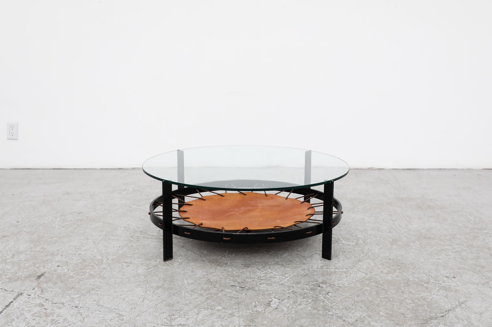 Modernist Flat Iron, Leather and Glass Coffee Table For Sale at 1stDibs
