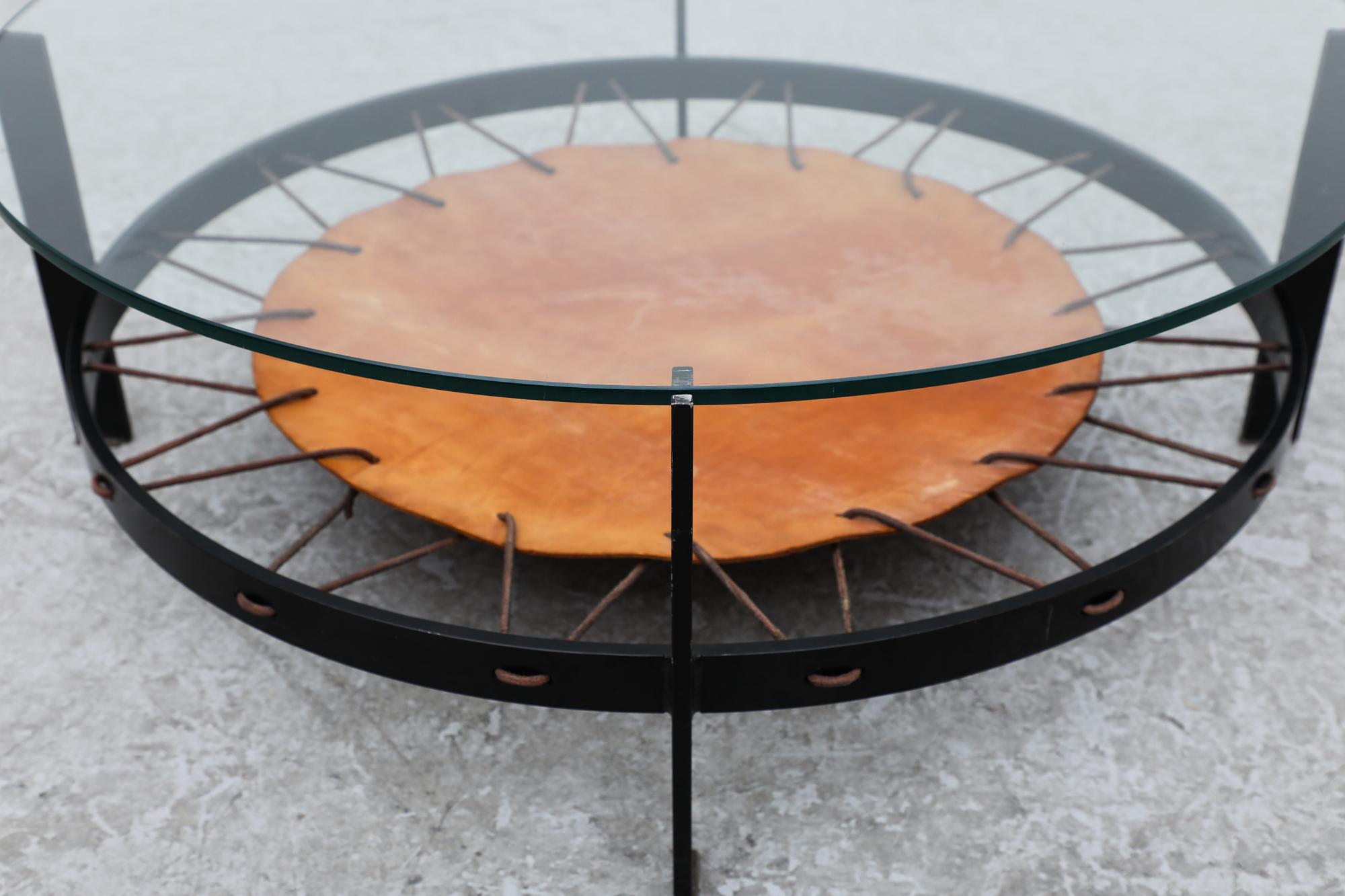 Modernist Flat Iron, Leather and Glass Coffee Table For Sale at 1stDibs