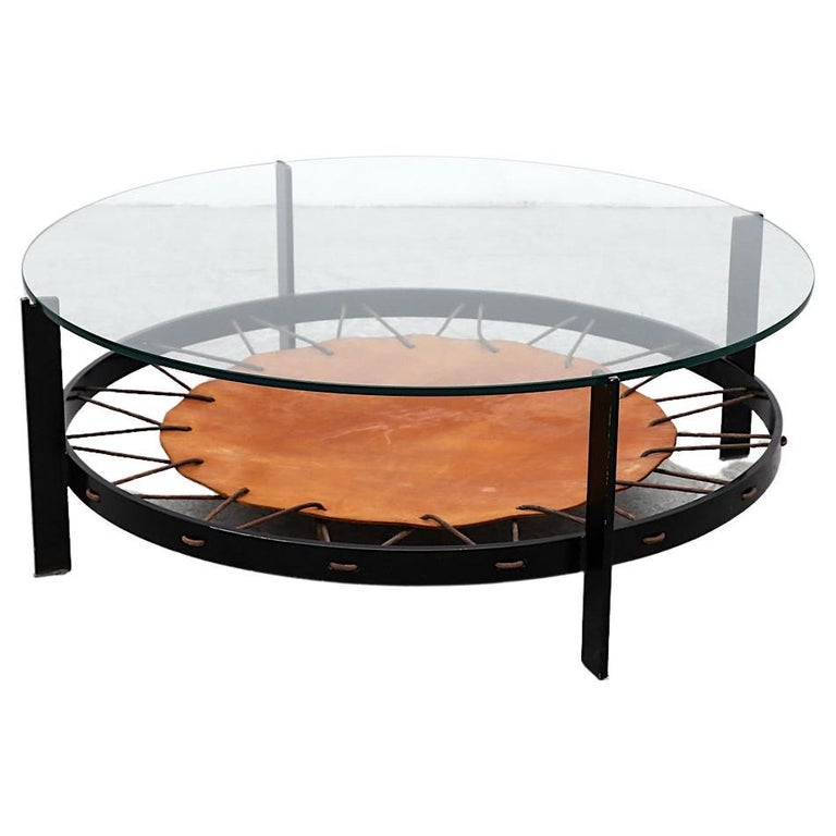 Modernist Flat Iron, Leather and Glass Coffee Table For Sale at 1stDibs