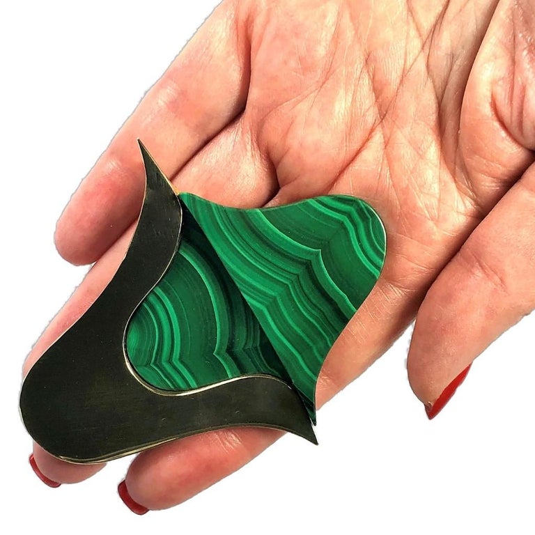 Modernist Gold and Malachite Large Scale Brooch Across For Sale at 1stDibs