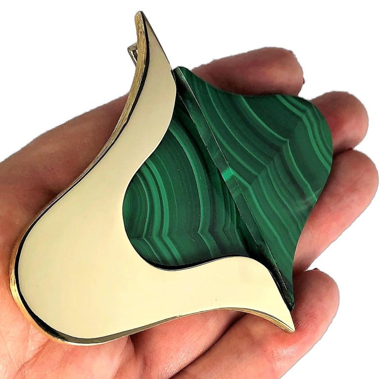 Modernist Gold and Malachite Large Scale Brooch Across For Sale at 1stDibs