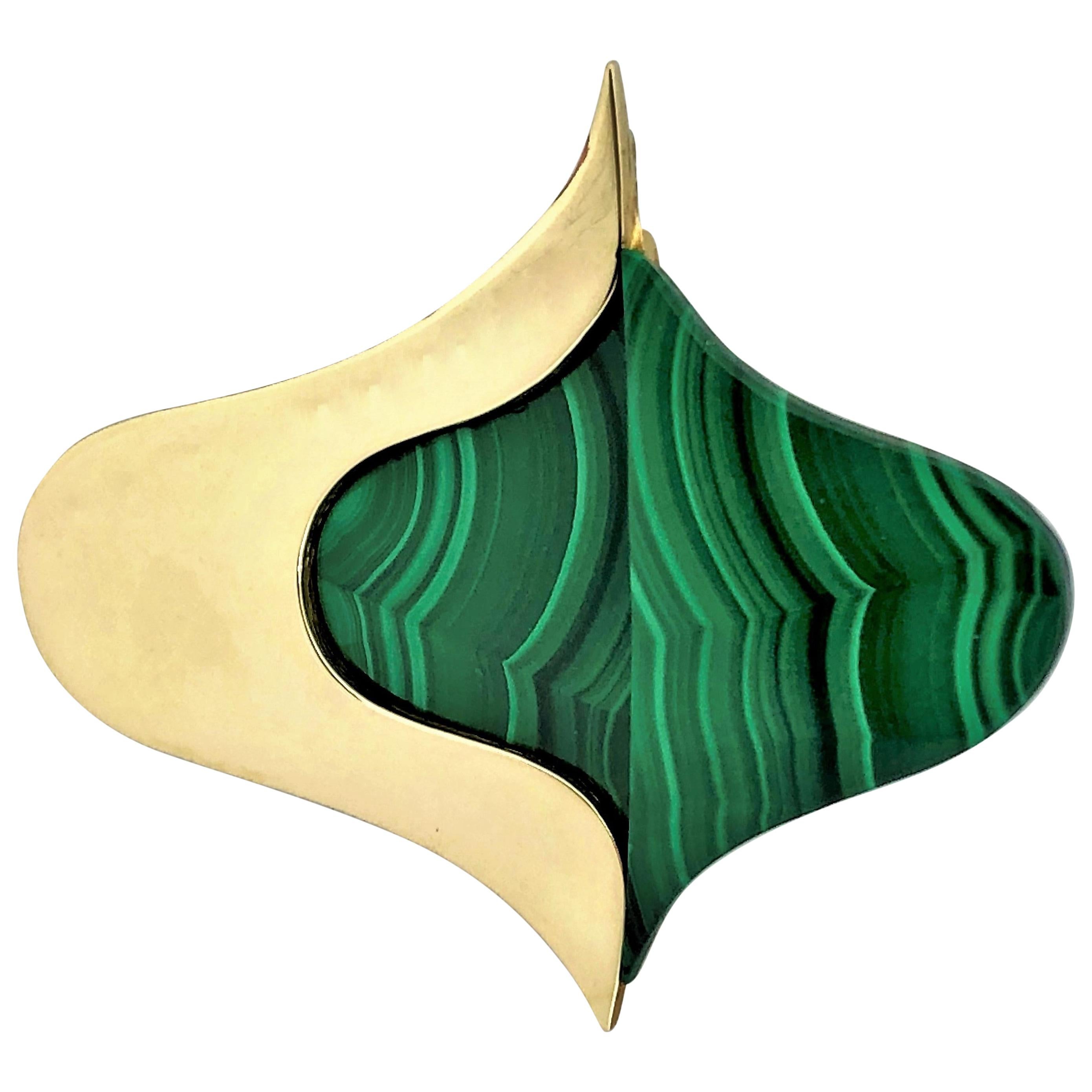 Modernist Gold and Malachite Large Scale Brooch Across For Sale at 1stDibs