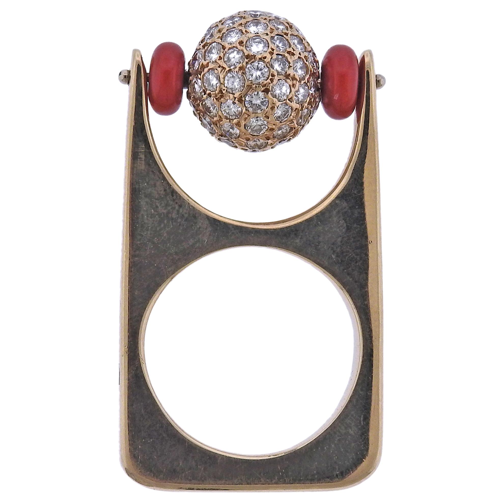 Ox Blood Coral Diamond Gold Ring at 1stDibs