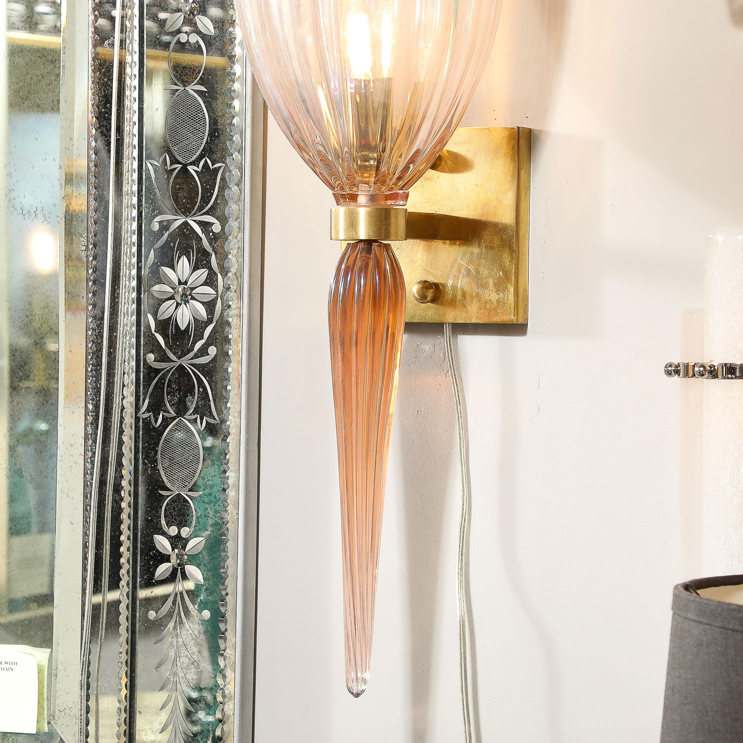 Modernist Hand-Blown Iridescent Pink Murano Glass Fluted Sconces w ...