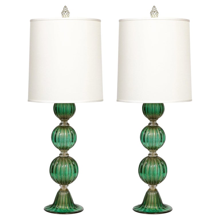 Modernist Handblown Murano Glass Table Lamps in Emerald Green w/ 24K ...