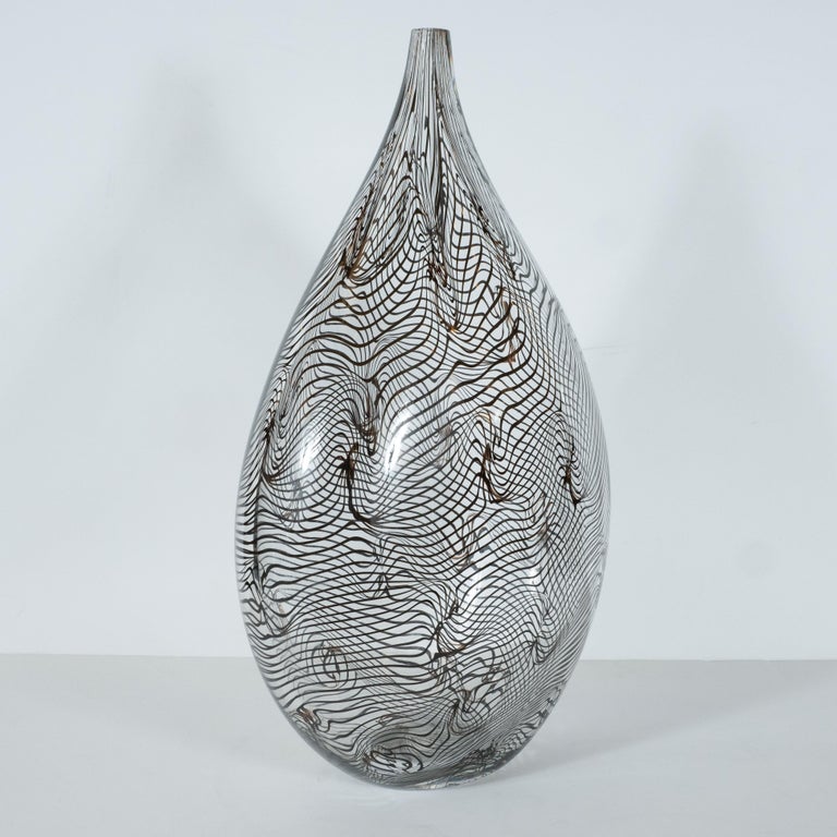 Modernist Hand Blown Murano Translucent Tear Drop Vase with Black Swirl ...