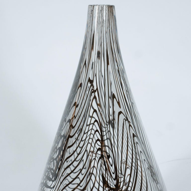 Modernist Hand Blown Murano Translucent Tear Drop Vase with Black Swirl ...