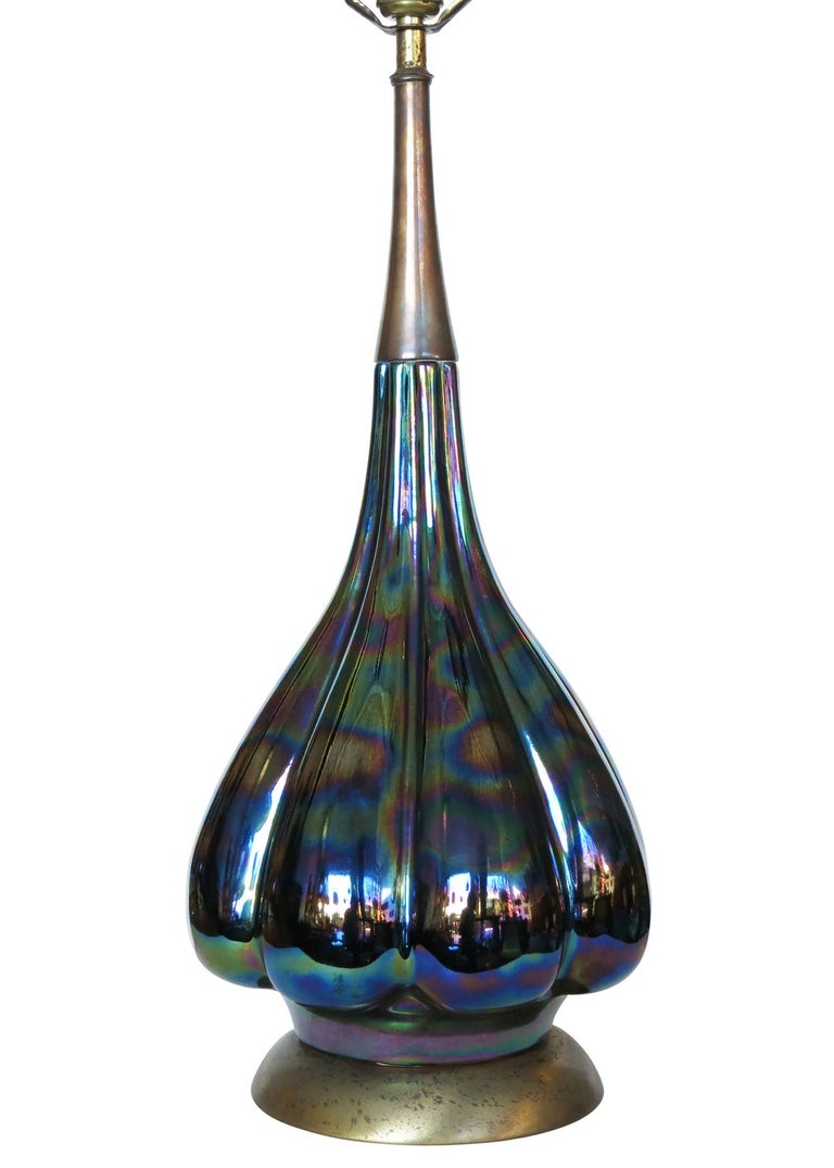 Modernist Iridized Art Glass Lamp with Brass Base For Sale at 1stDibs