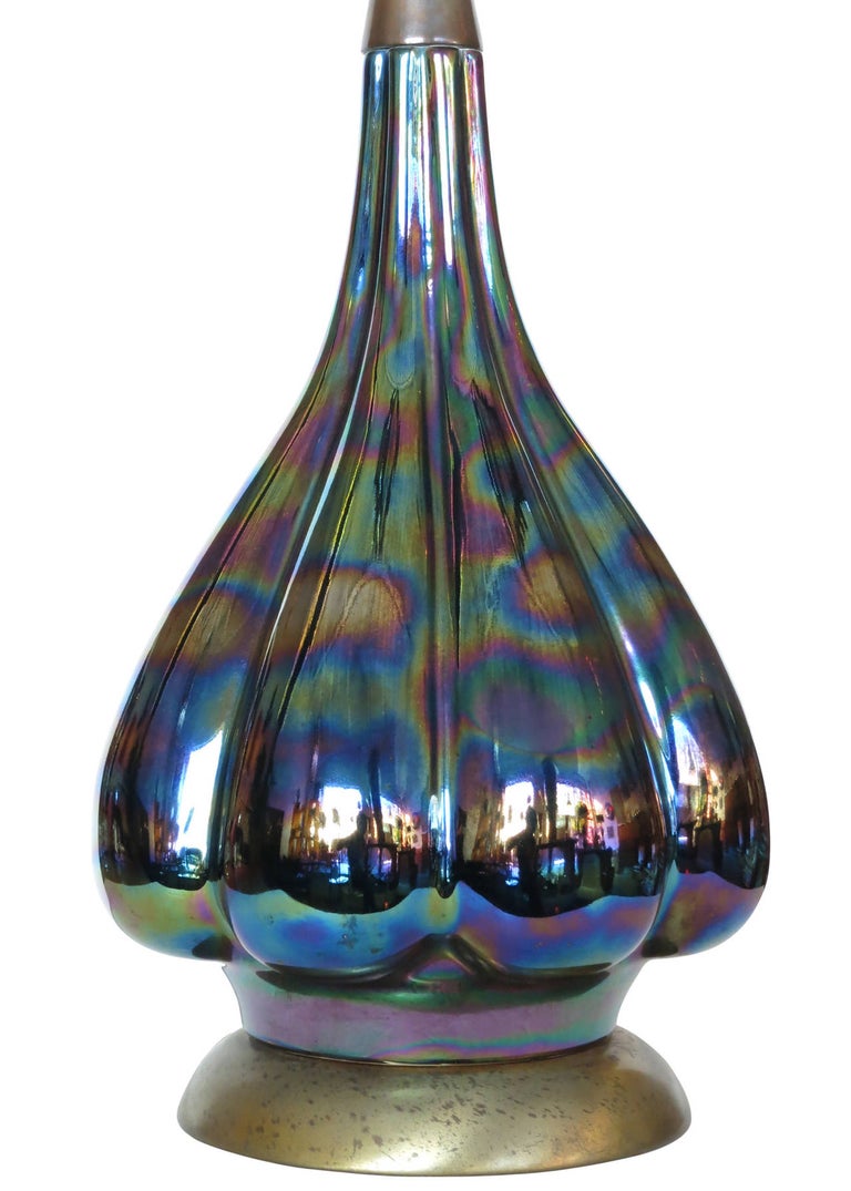 Modernist Iridized Art Glass Lamp with Brass Base For Sale at 1stDibs
