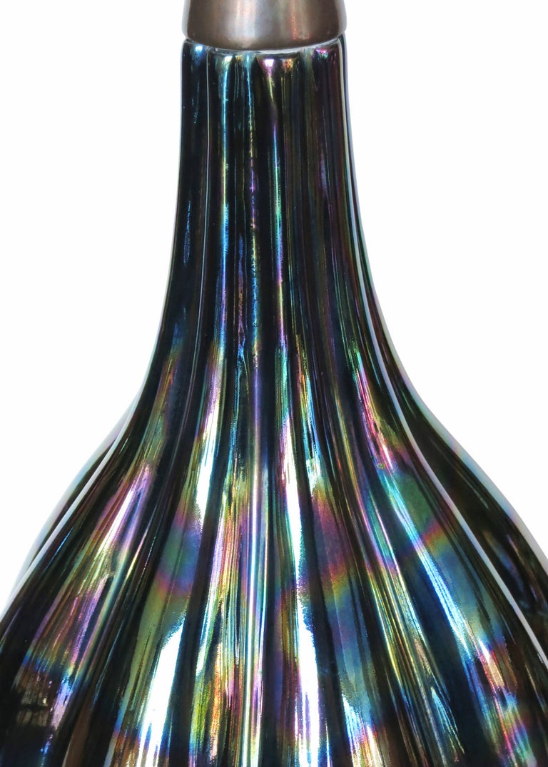 Modernist Iridized Art Glass Lamp with Brass Base For Sale at 1stDibs