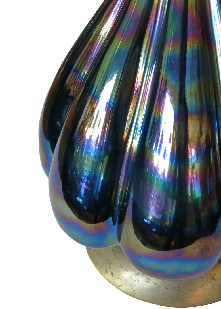 Modernist Iridized Art Glass Lamp with Brass Base For Sale at 1stDibs