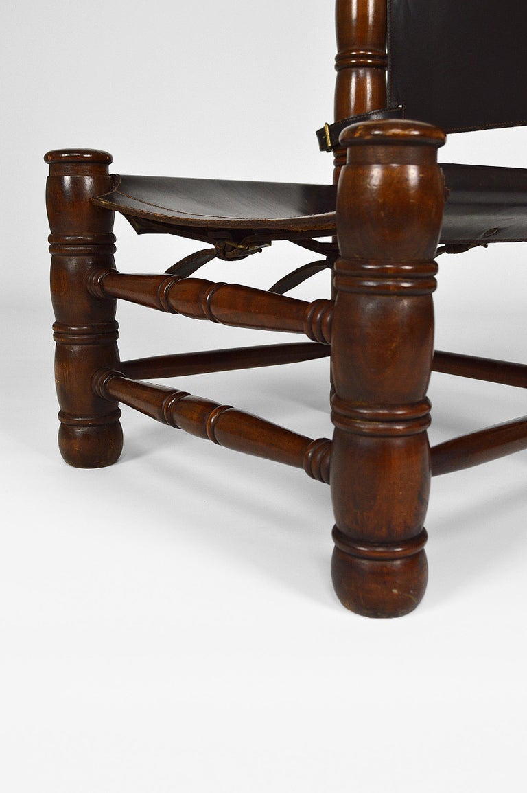 Modernist Low Chair in Wood and Leather, France, circa 1940 For Sale at ...