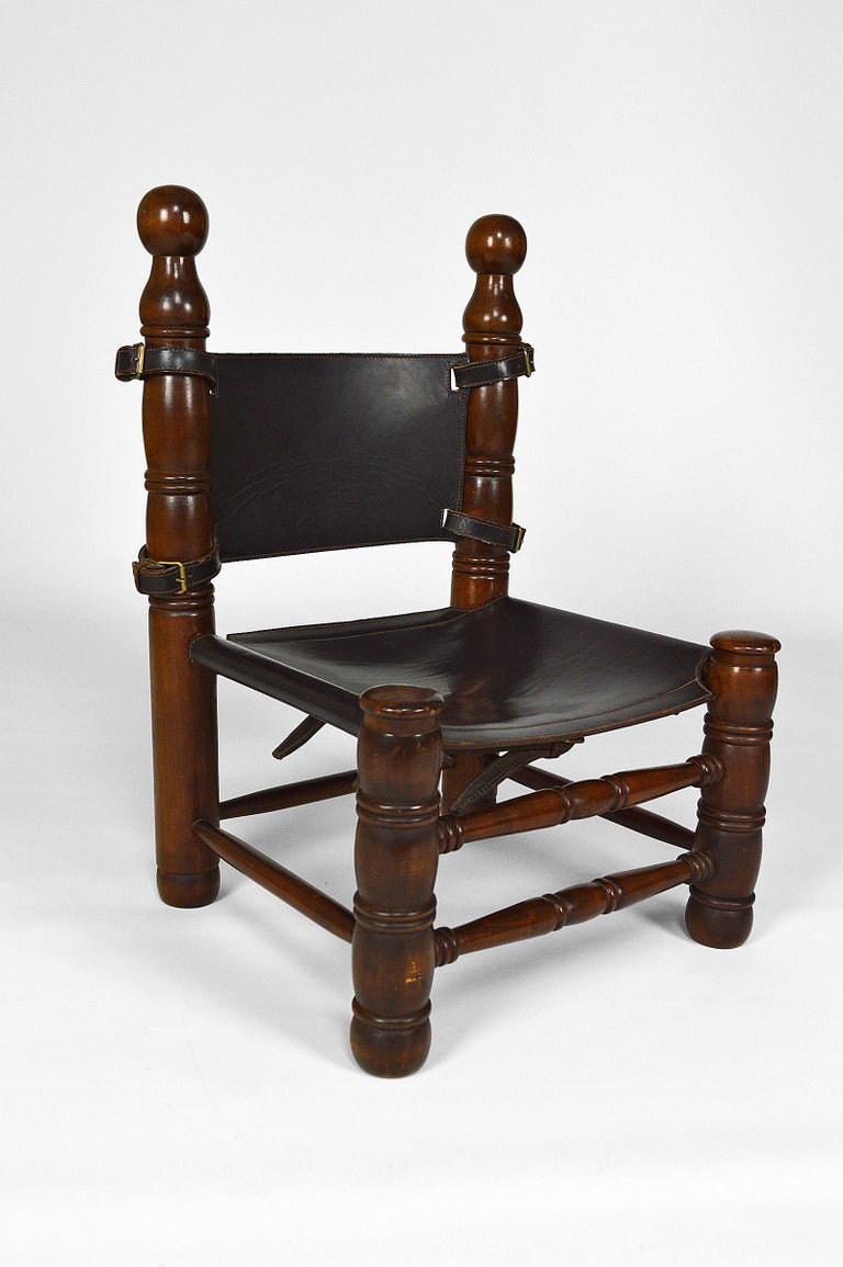 Modernist Low Chair in Wood and Leather, France, circa 1940 For Sale at ...