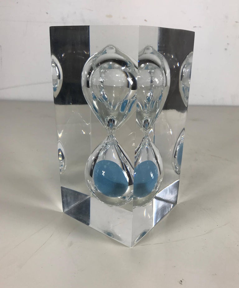 Modernist Lucite Hourglass Sculpture with Ice Blue Sand, Franco Scuderi ...