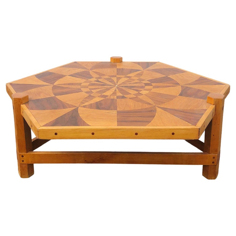 Modernist Marquetry Folk Art Wooden Inlay Coffee Table with Geometric ...
