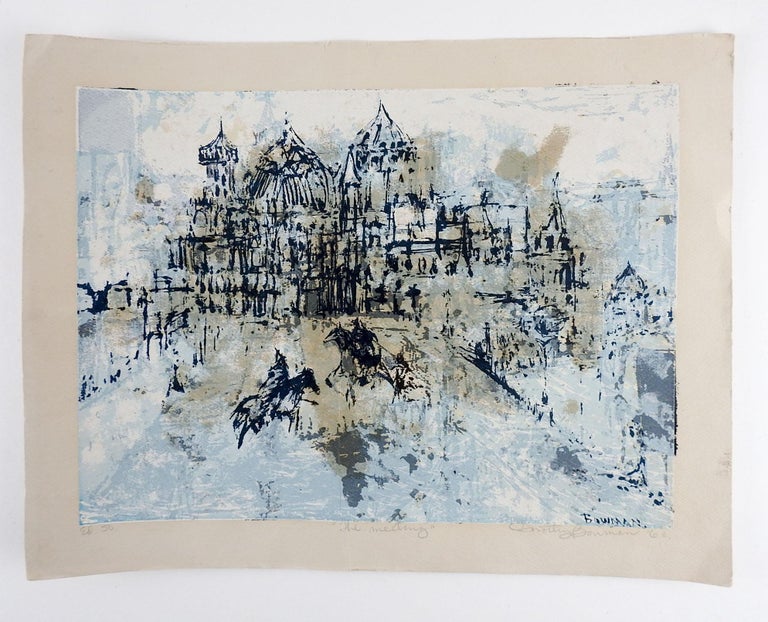 Modernist Medieval Cityscape Serigraph Print For Sale at 1stDibs